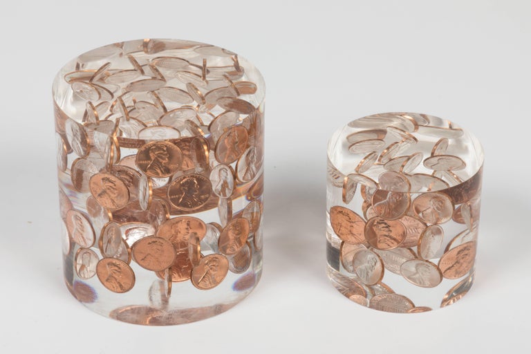 Set of Seven Vintage Geometric Lucite Paperweights with US Pennies at ...