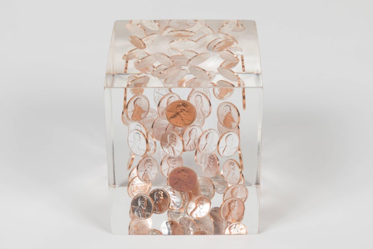 Set of Seven Vintage Geometric Lucite Paperweights with US Pennies at ...