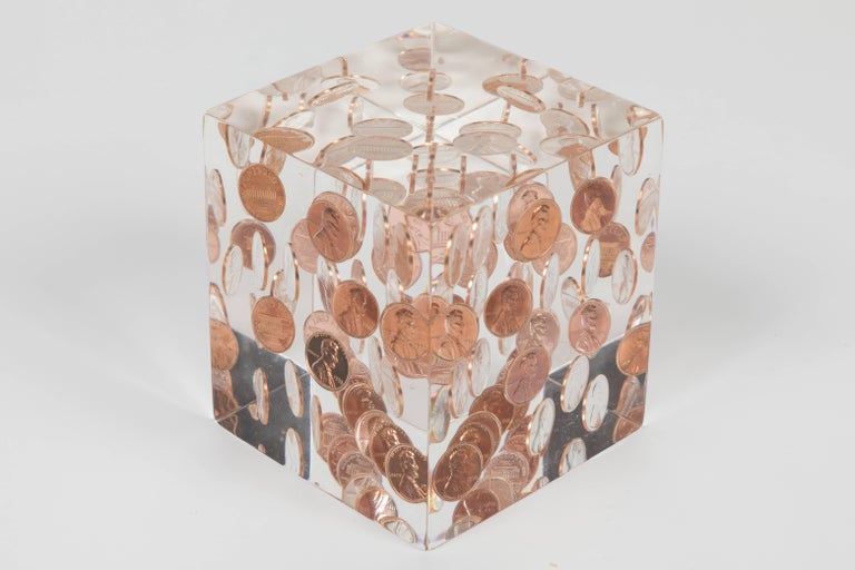Set of Seven Vintage Geometric Lucite Paperweights with US Pennies at ...