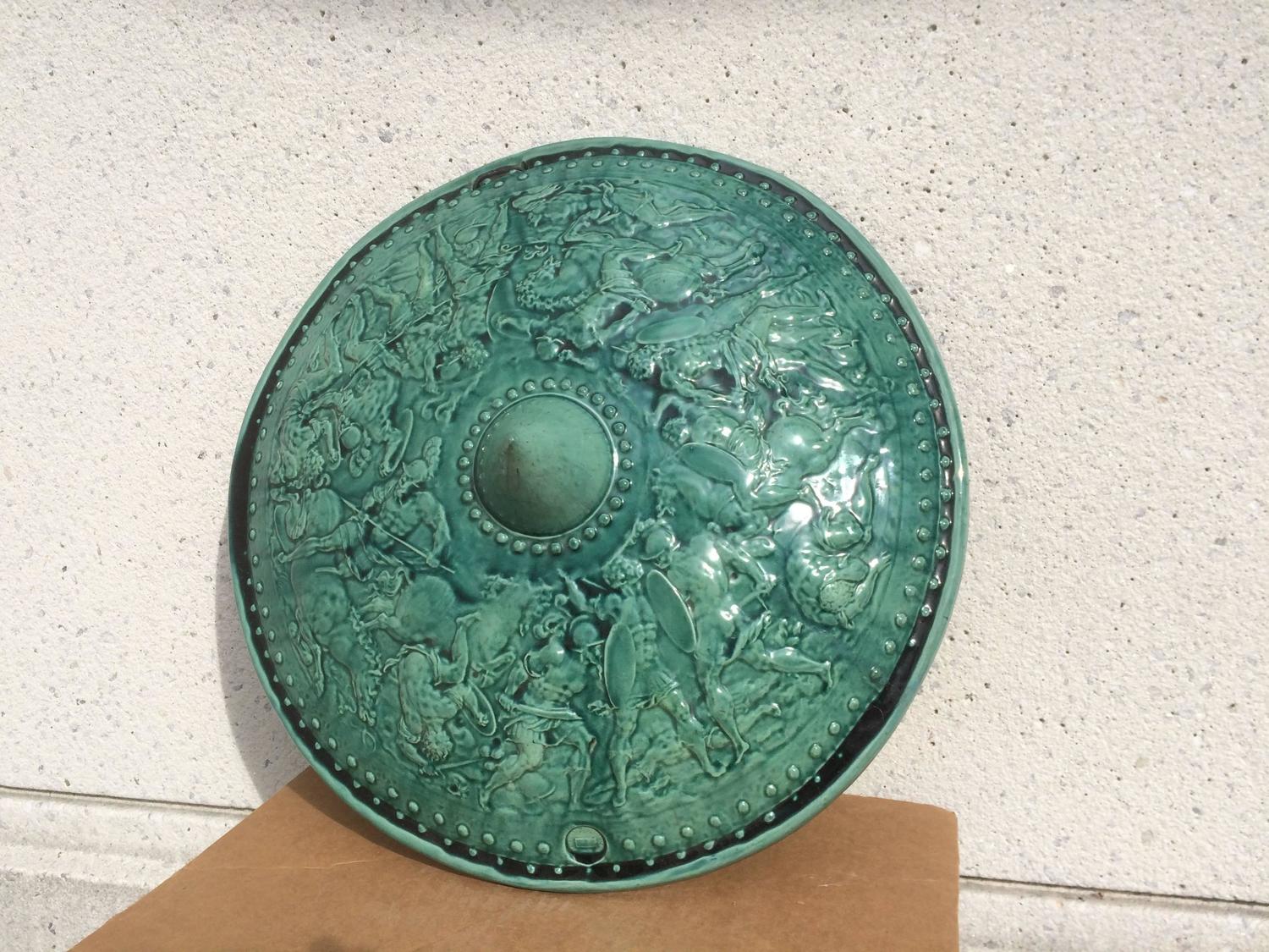 Pair of Turquoise Majolica Parade Shields with Battle Scenes, 19th ...