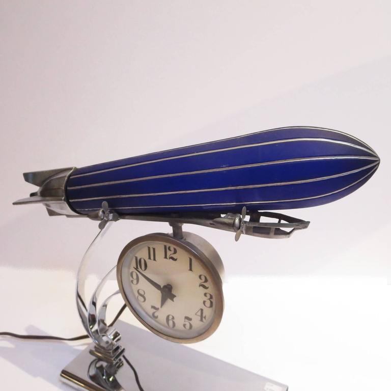 Rare Art Deco Cobalt Glass and Chrome Blimp Clock and Lamp at 1stDibs