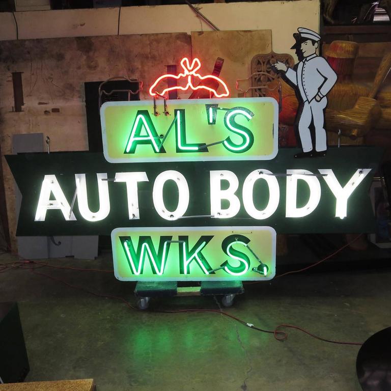 Large-Scale Neon Sign "Al's Auto Body Works," Double-Sided at 1stDibs
