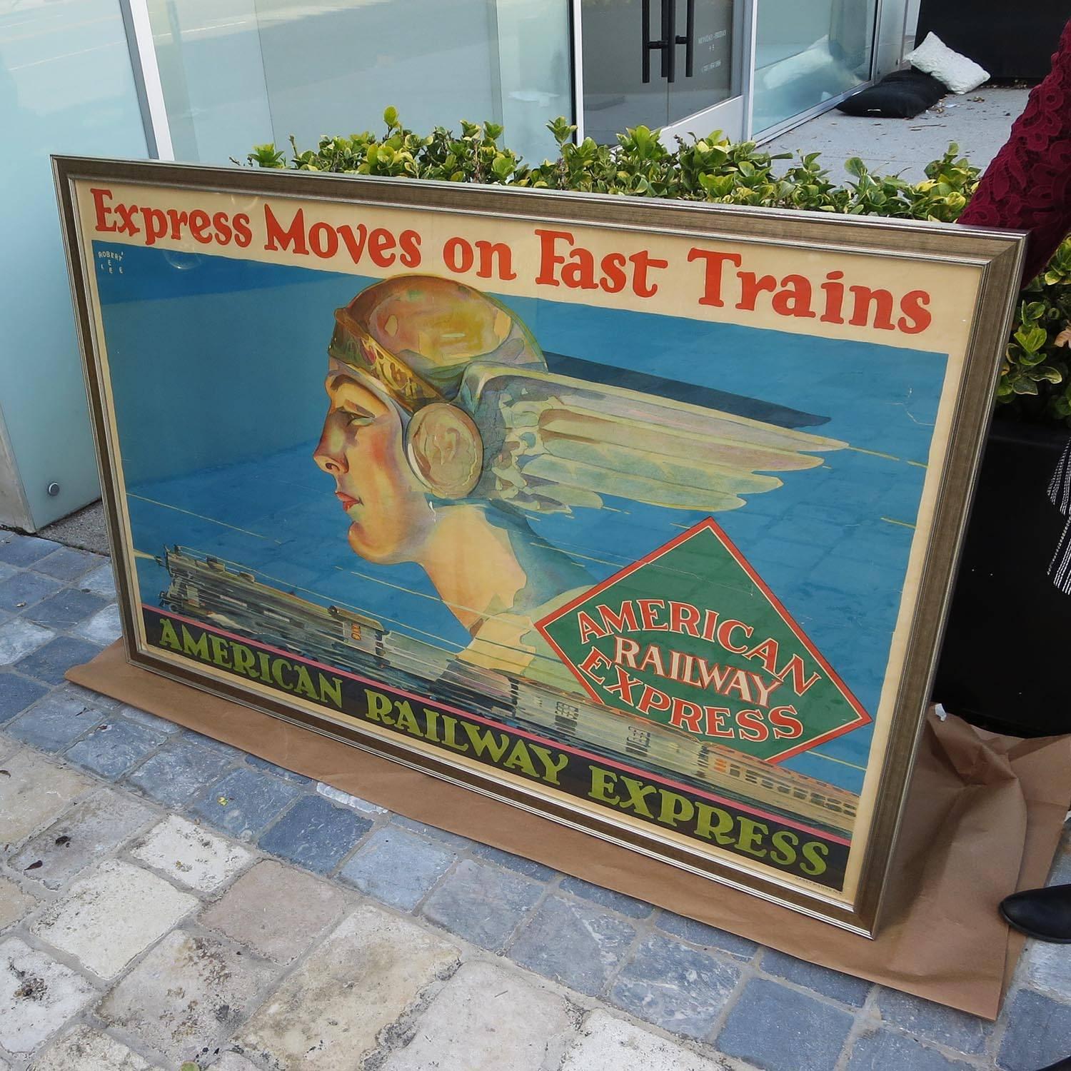 Framed American Railway Express Art Deco Train Travel Poster at 1stDibs