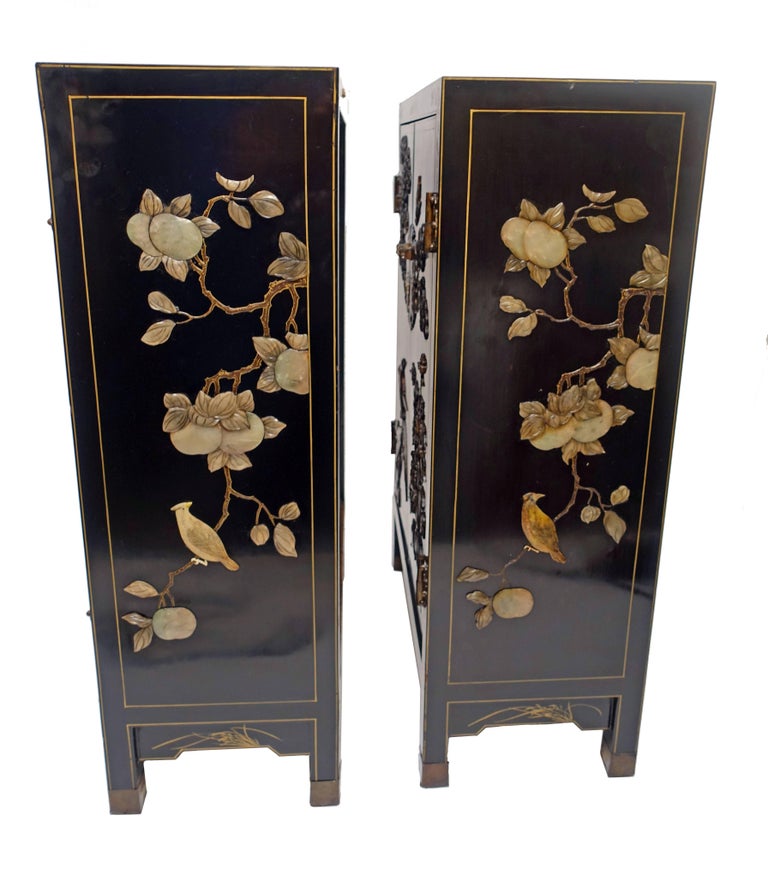 Pair of Chinese Black Lacquer Cabinets with Hardstone Inlay at 1stDibs