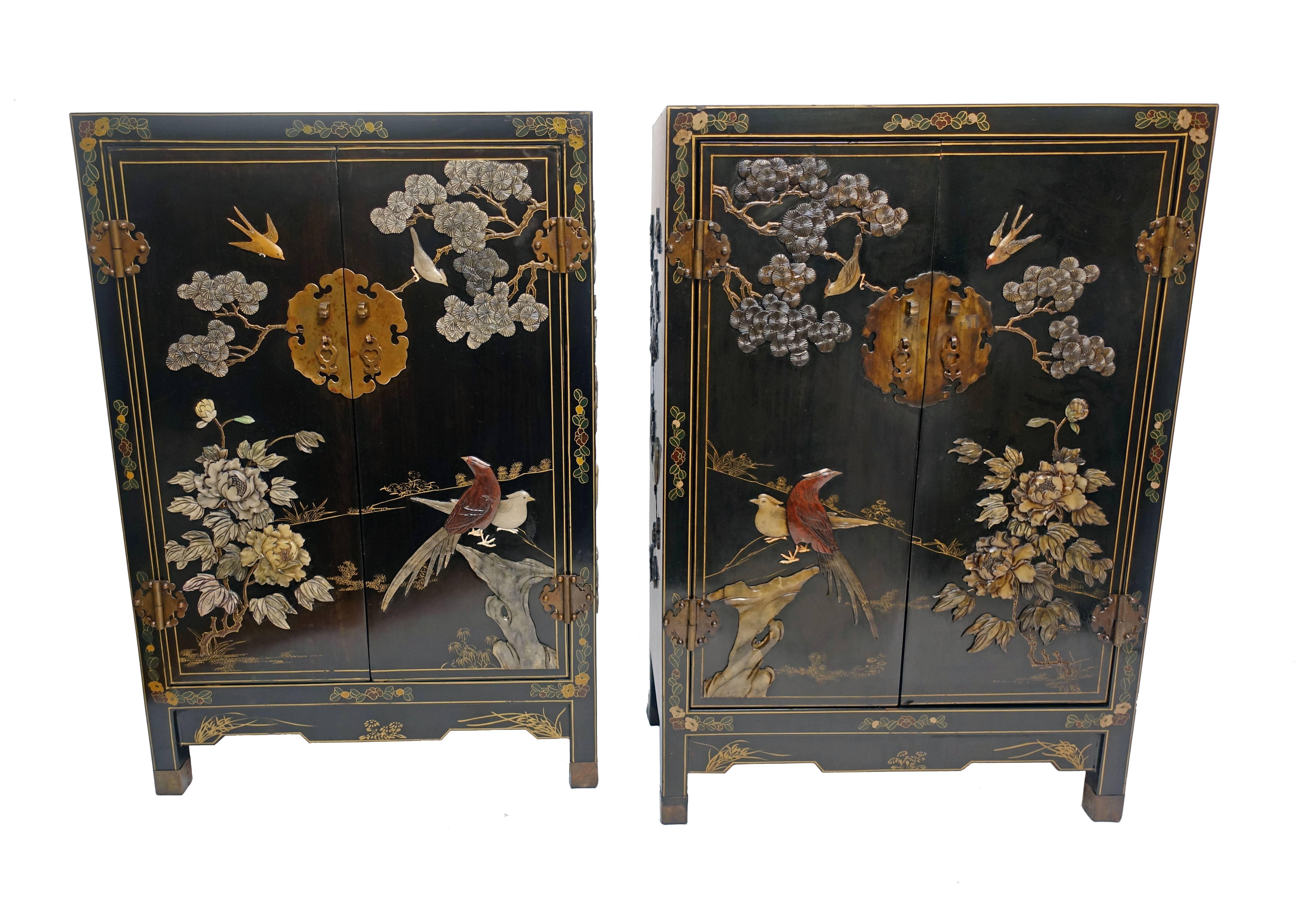 Pair of Chinese Black Lacquer Cabinets with Hardstone Inlay at 1stDibs ...
