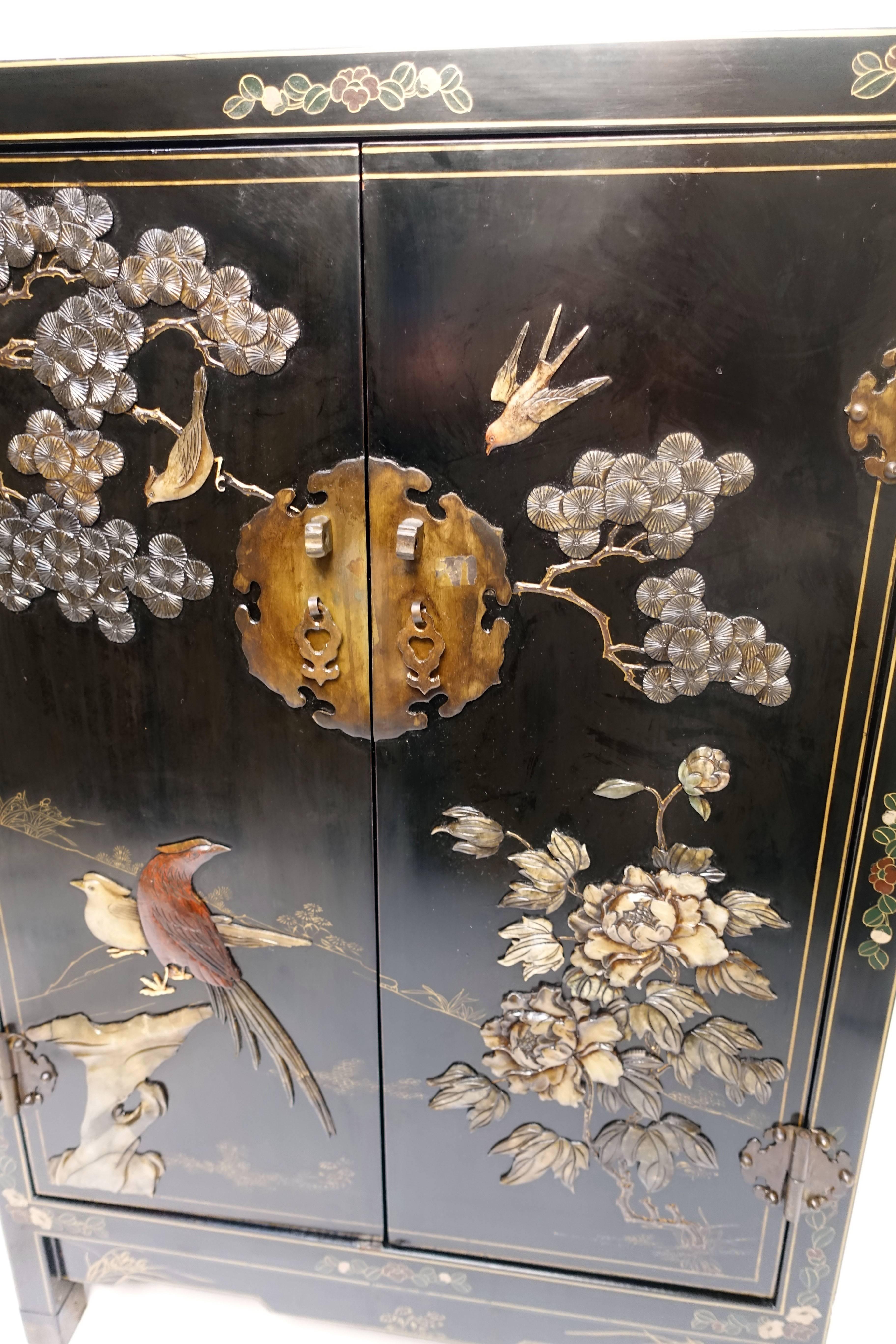 Pair of Chinese Black Lacquer Cabinets with Hardstone Inlay at 1stDibs ...