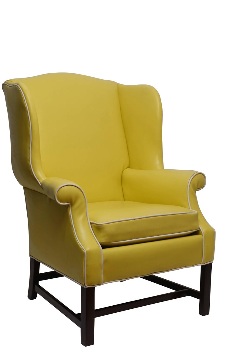 Pair of Georgian Style Yellow Vinyl Wingback Chairs with Piping Detail ...