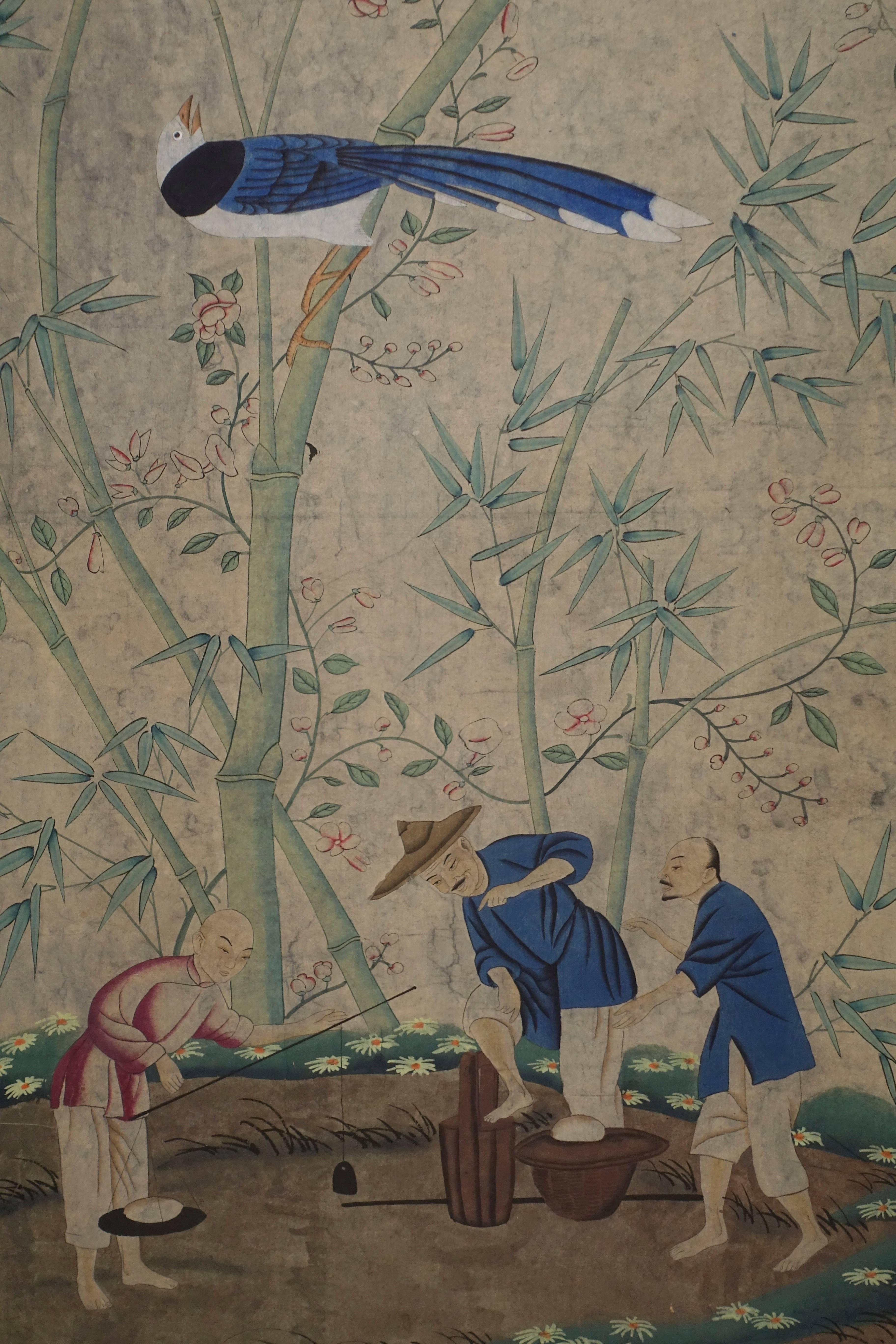 Pair of Hand Painted Chinese Wall Paper Panels at 1stDibs