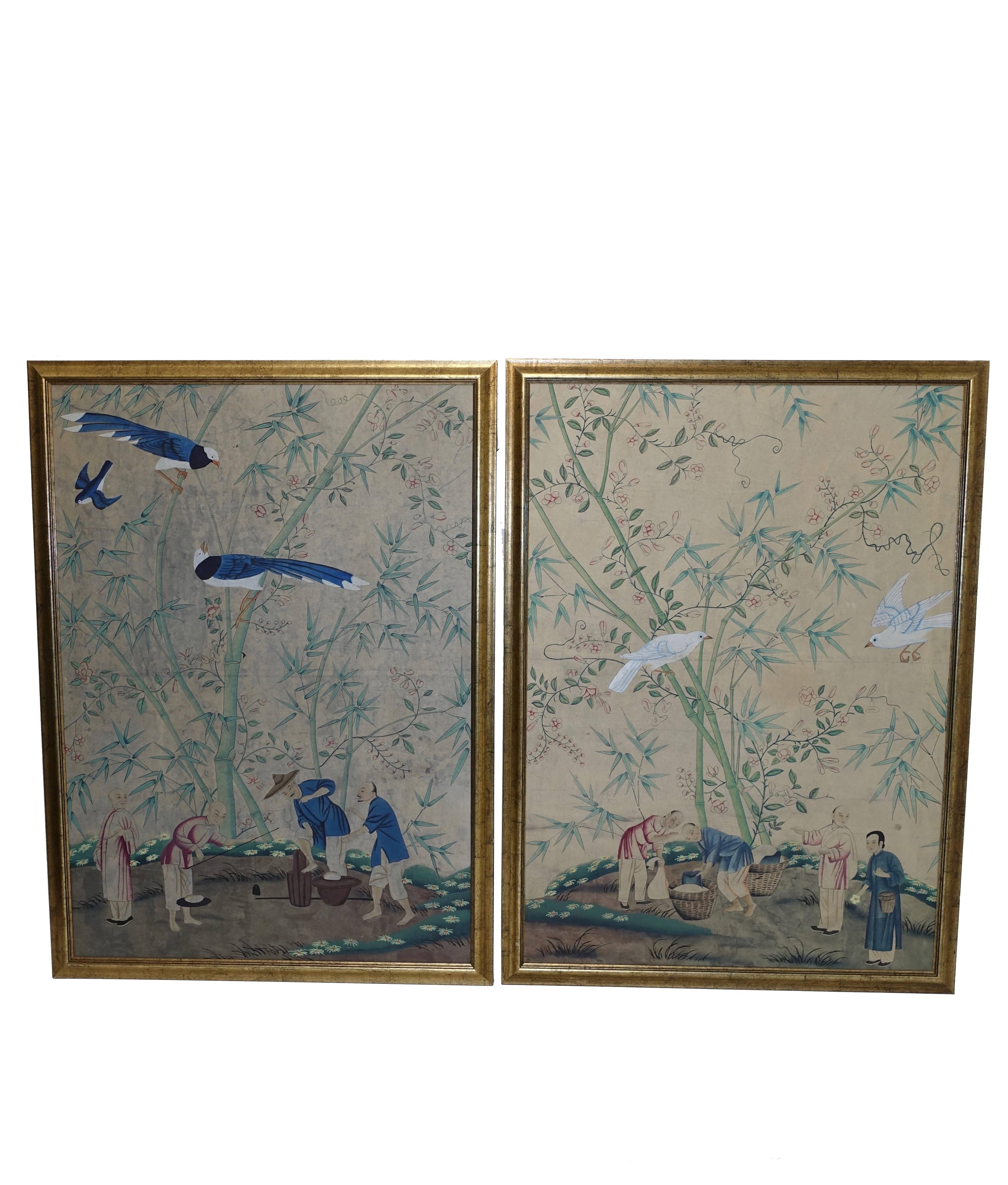 Pair of Hand Painted Chinese Wall Paper Panels at 1stDibs