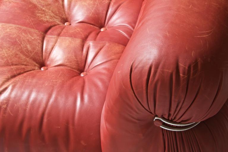 Distressed Red Leather "Soriana" Lounge Chair and Ottoman, Scarpa, 1970 ...