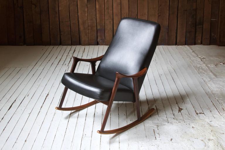Ingmar Relling for Westnofa Sculpted Teak and Black Vinyl Rocking Chair ...