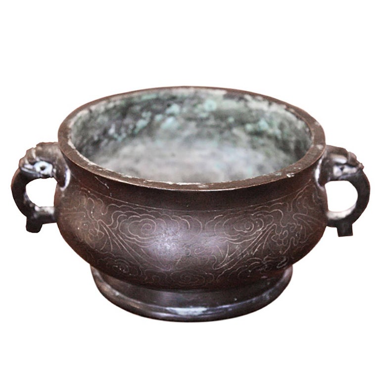 Chinese Censer with Elephant Handles Inlaid with Silver Clouds and ...