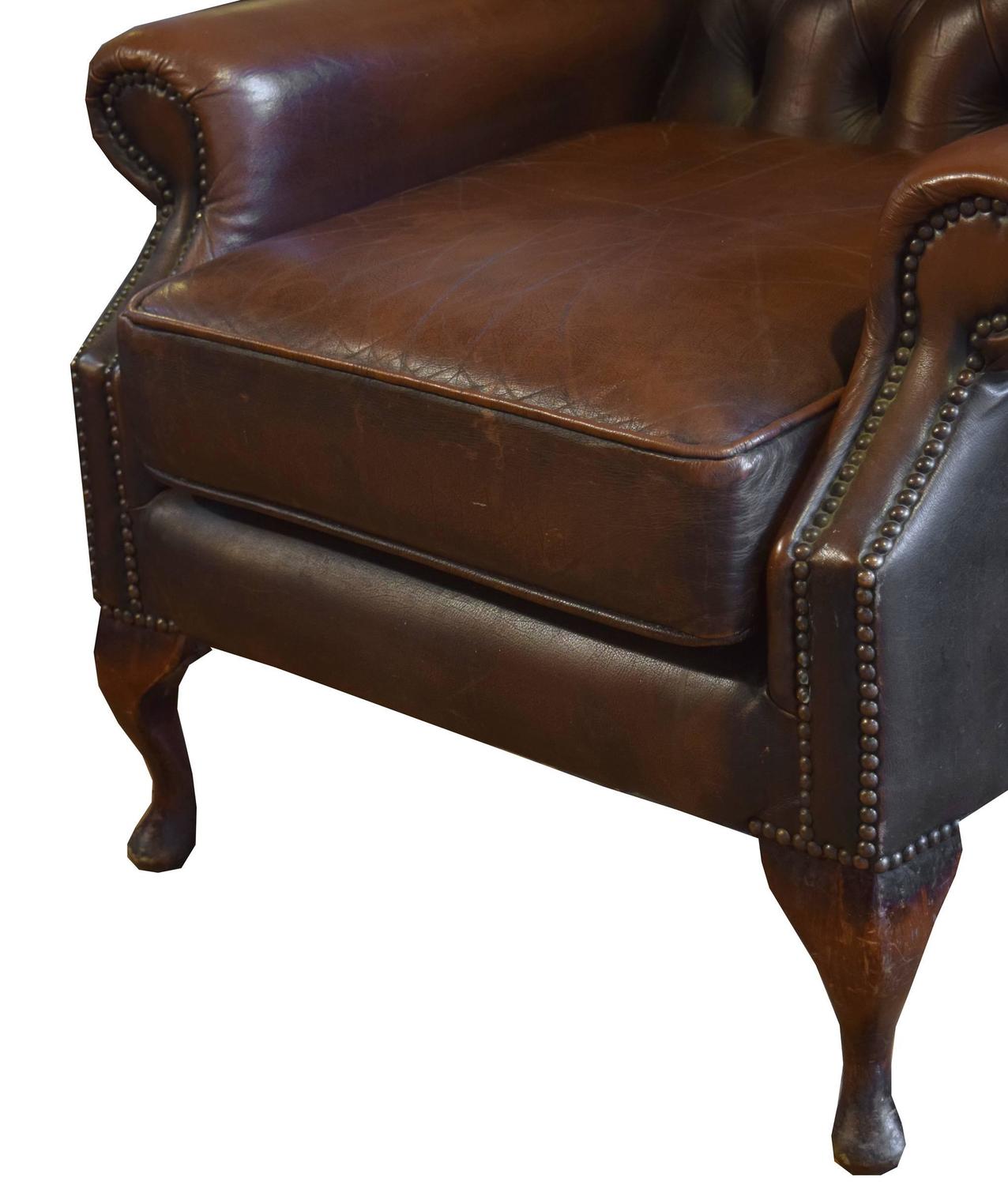 Tufted Leather Wing Chair For Sale at 1stdibs