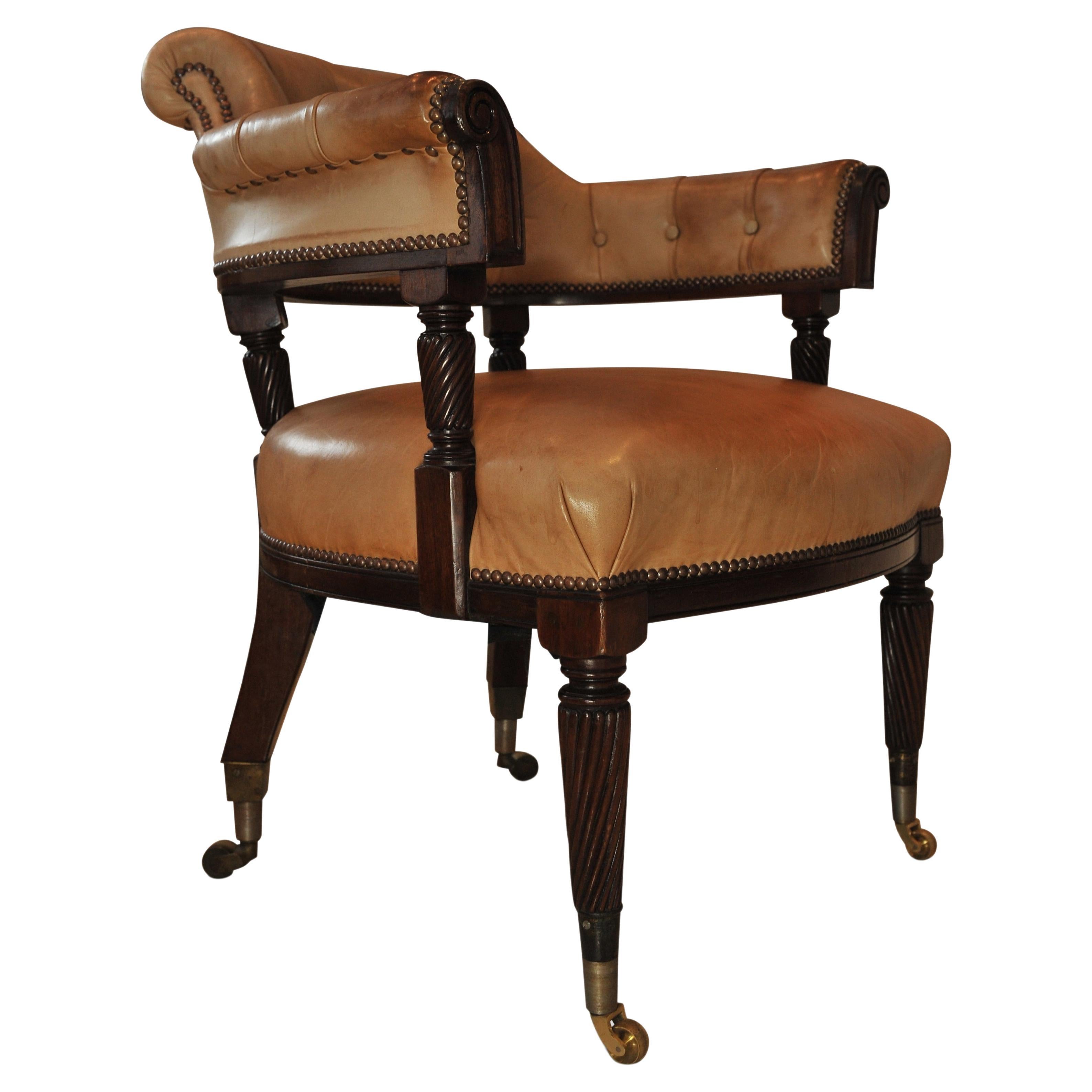 19th Century Cream Leather Buttonback Captains Chair With Brass Studs ...