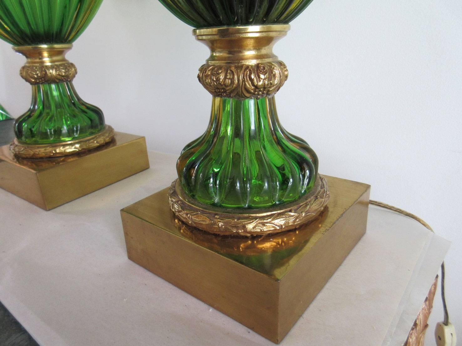 Large Pair of Vintage Green Murano Glass Marbro Lamps For Sale at 1stDibs