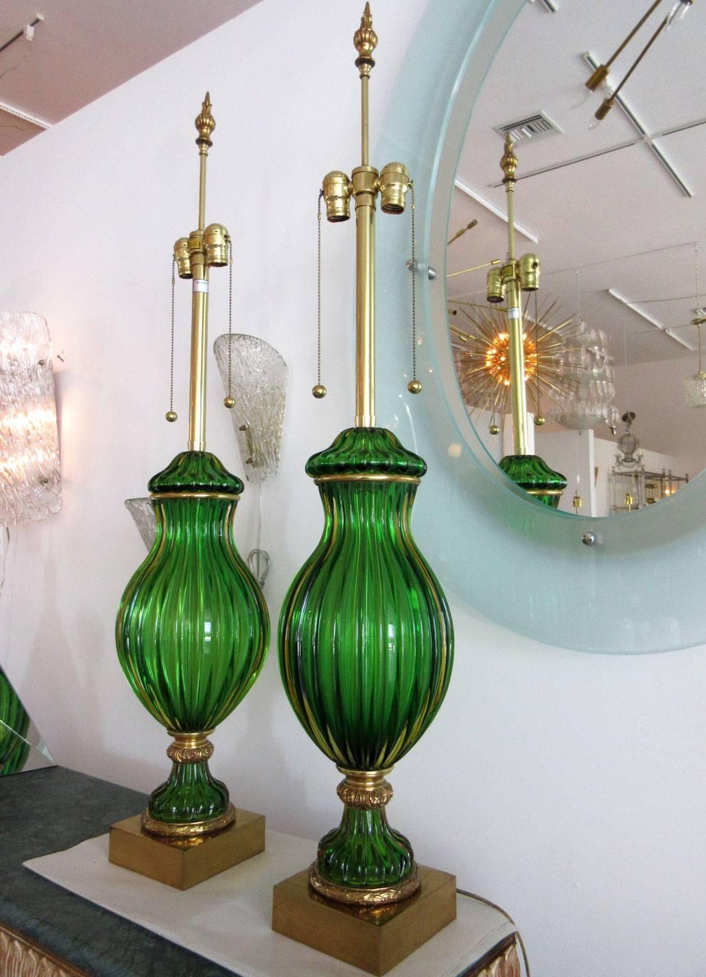 Large Pair of Vintage Green Murano Glass Marbro Lamps For Sale at 1stDibs