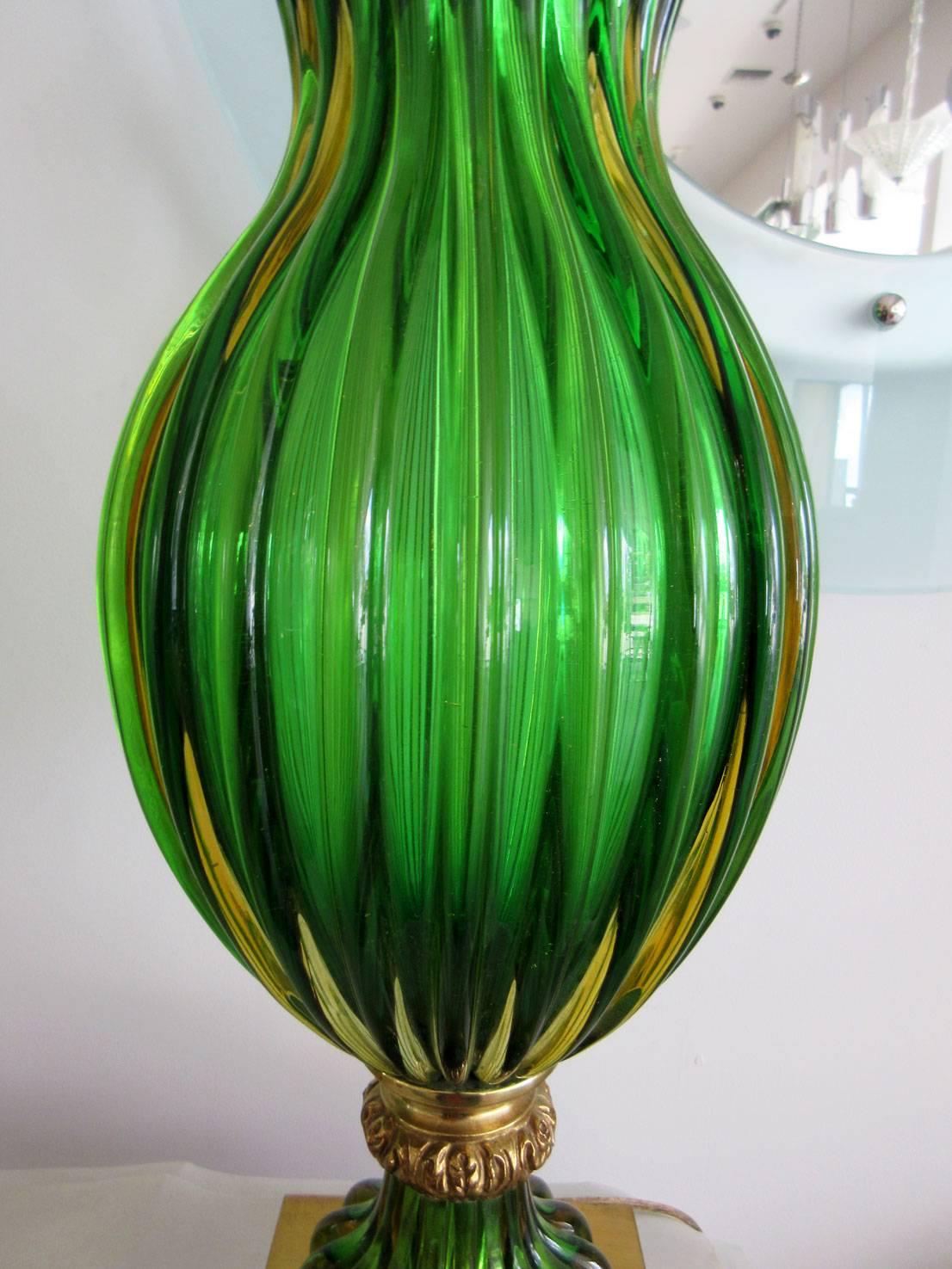 Large Pair of Vintage Green Murano Glass Marbro Lamps For Sale at 1stDibs