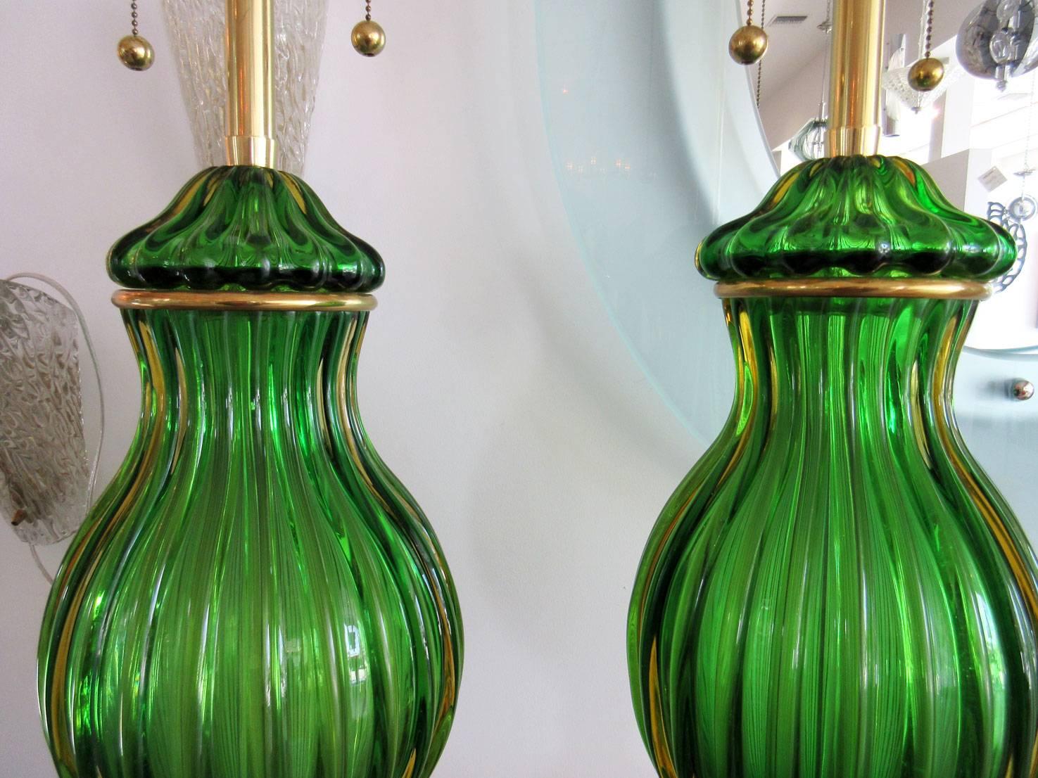 Large Pair of Vintage Green Murano Glass Marbro Lamps For Sale at 1stDibs
