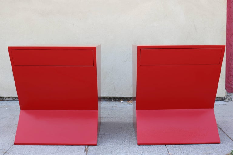 Architectural Cherry Red Lacquer Geometric Shaped Nightstands, Pair at ...