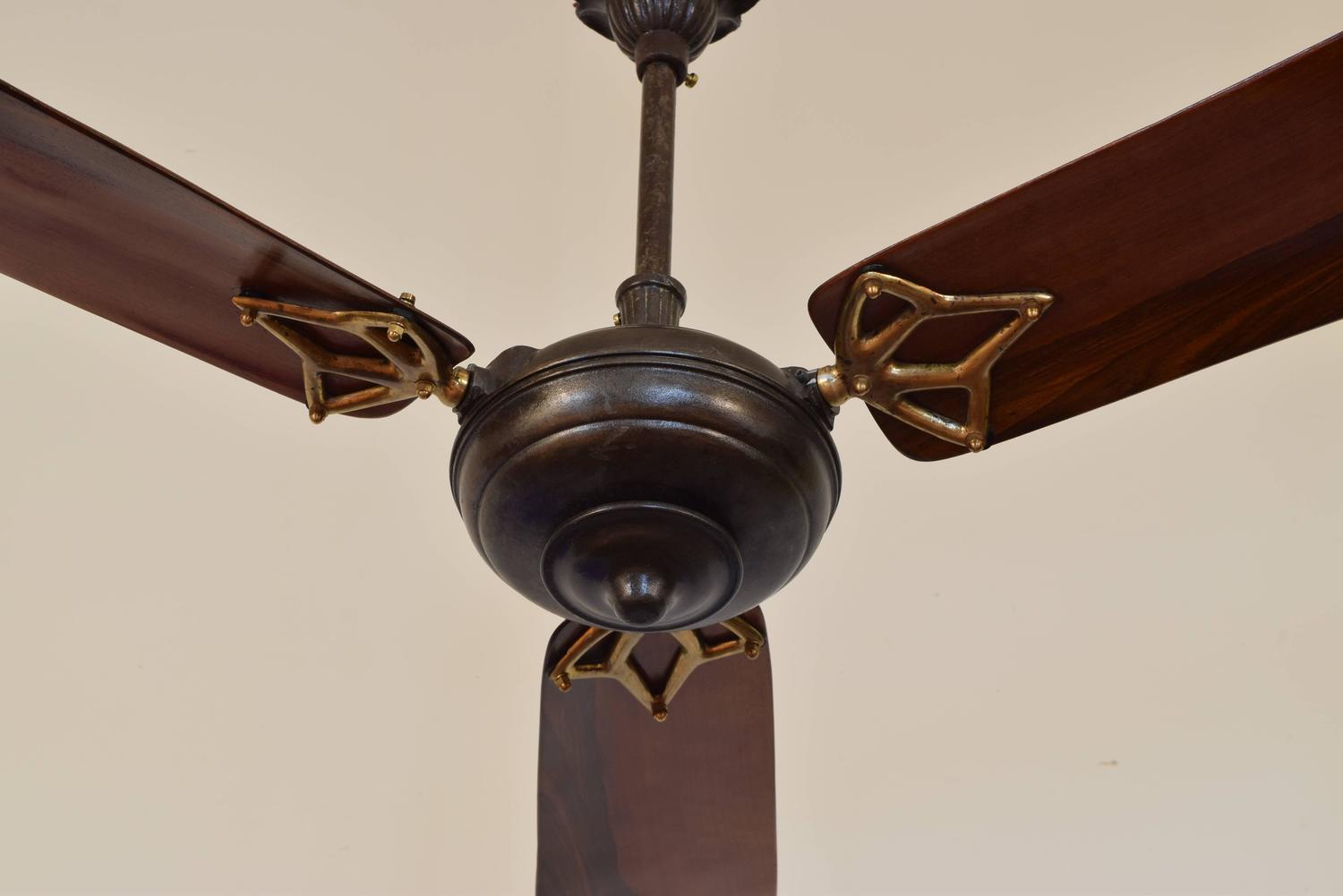 Italian Iron and Wooden Three-Blade Ceiling Fan, circa 1900 at 1stdibs
