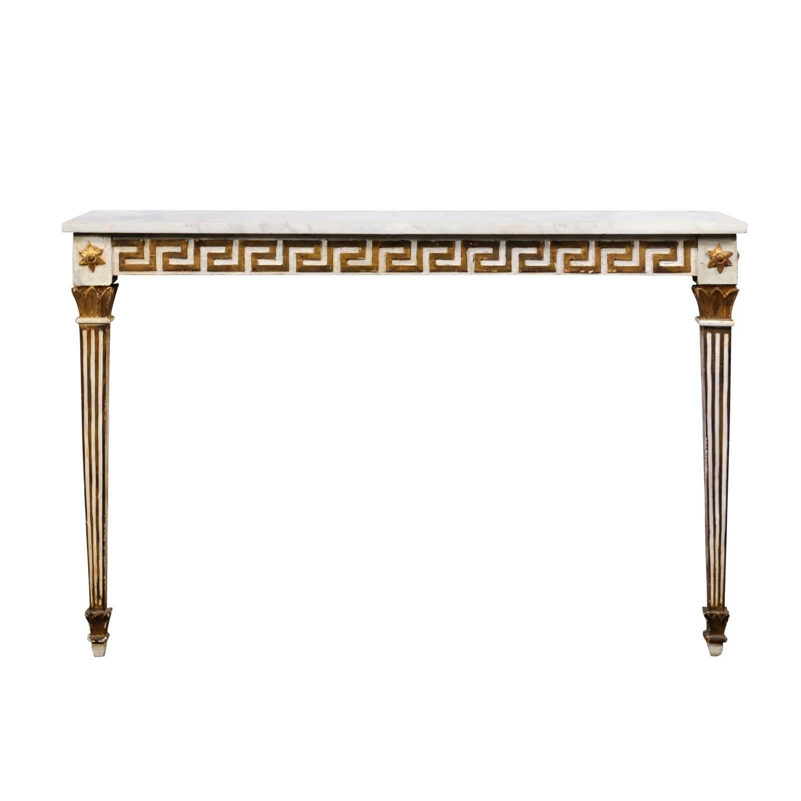 Midcentury Marble Top Skinny Greek key Wall-Mount Console at 1stDibs