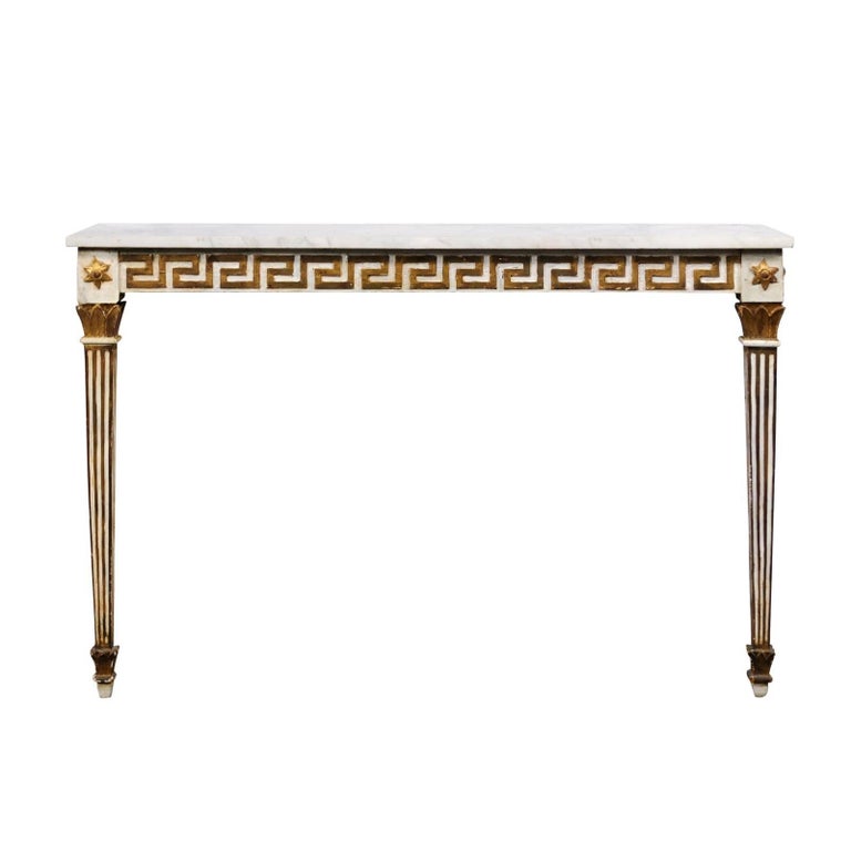 Midcentury Marble Top Skinny Greek key Wall-Mount Console at 1stDibs
