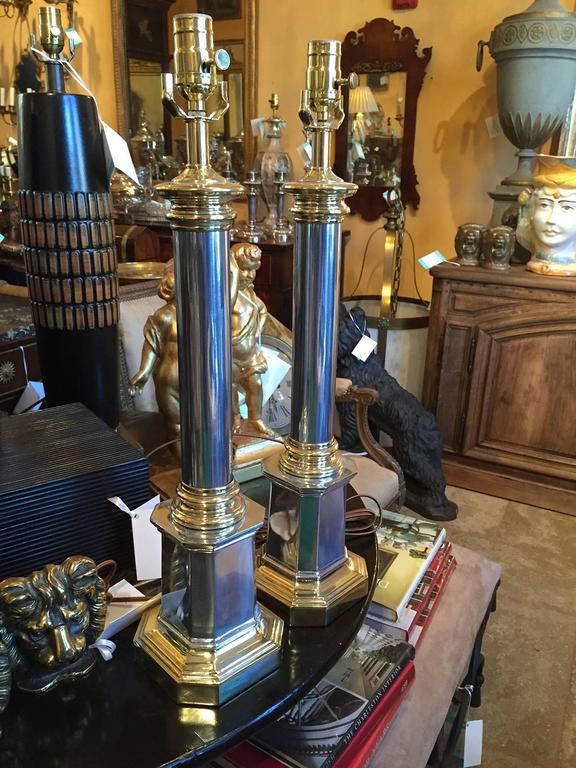 Pair of Mid-20th Century Brass and Steel Column Lamps For Sale at 1stDibs