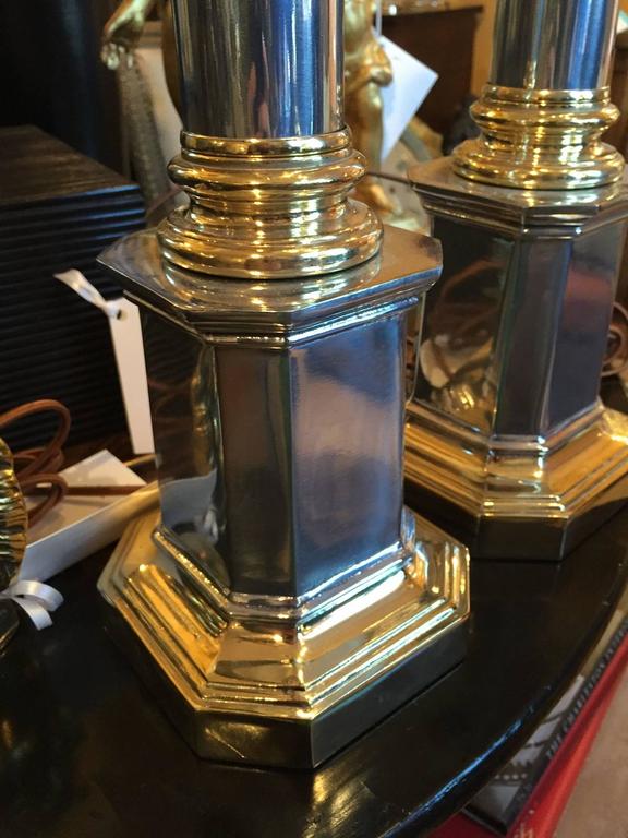 Pair of Mid-20th Century Brass and Steel Column Lamps For Sale at 1stDibs