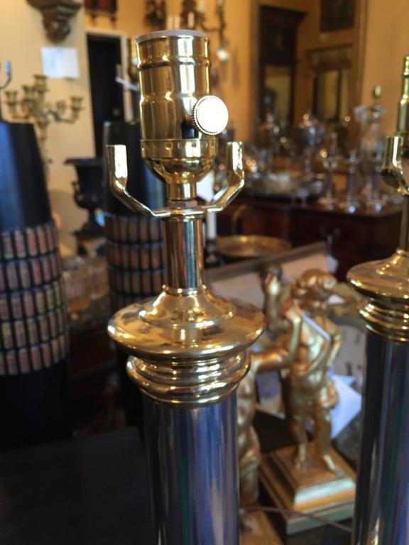 Pair of Mid-20th Century Brass and Steel Column Lamps For Sale at 1stDibs