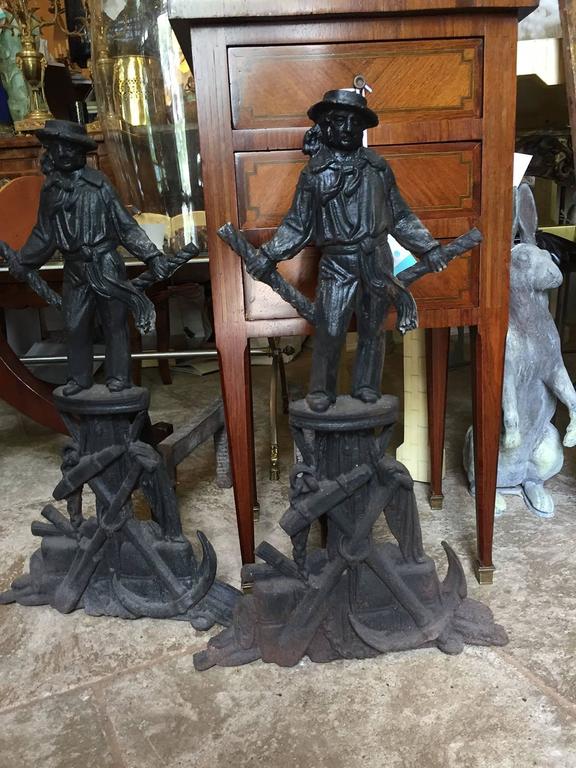 19th Century English Iron Sailor Andirons with Nautical Motifs at 1stDibs