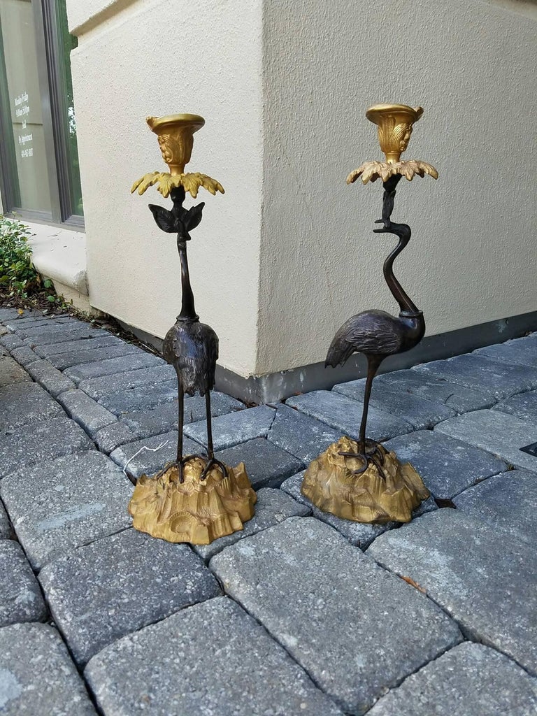Pair of 20th Century Classic Bronze Crane on Rock Candlesticks at 1stDibs