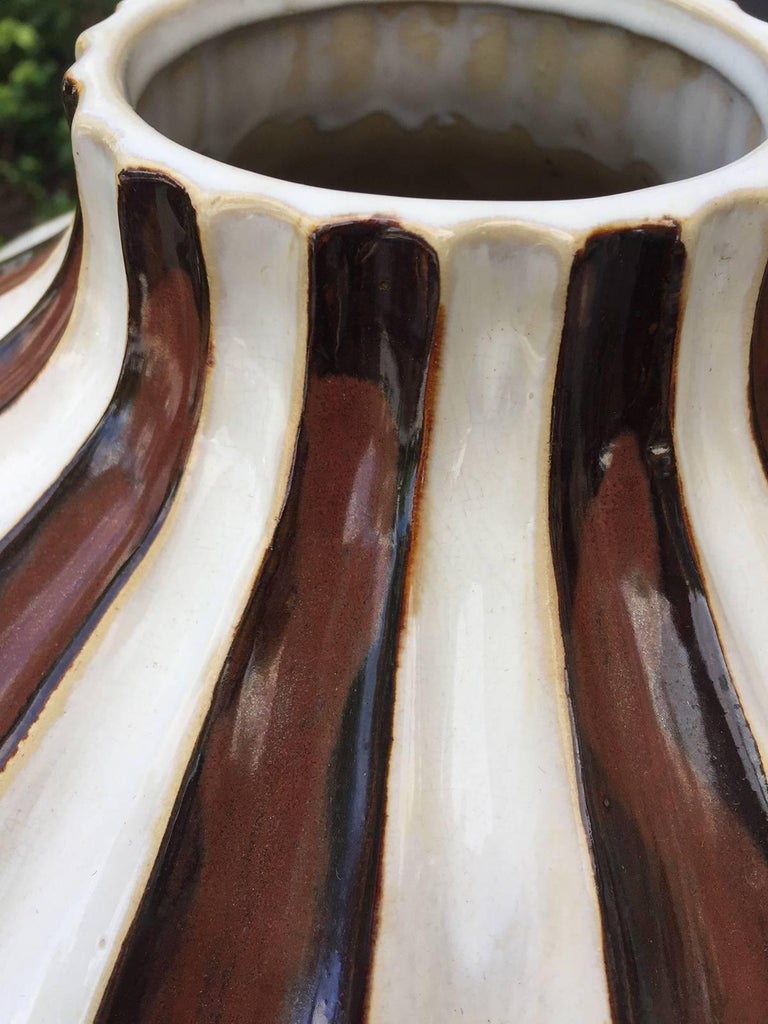 Mid-Century Brown and White Stripe Pottery Vase at 1stDibs