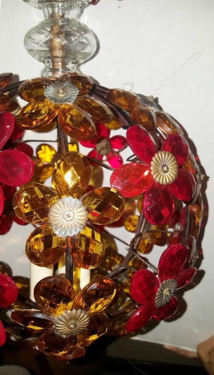 Gilt Metal Light Fixture with Crystal Flowers For Sale at 1stDibs