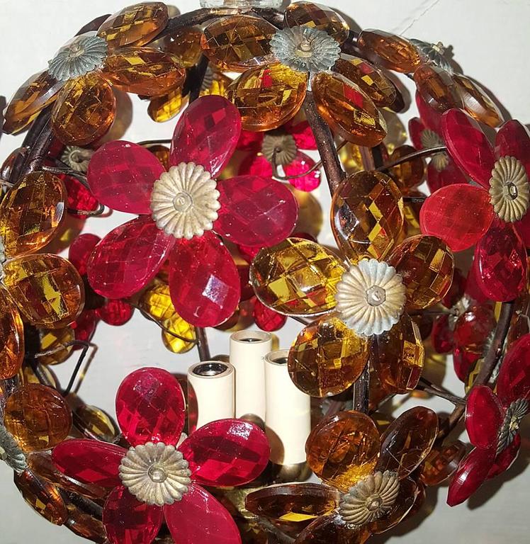 Gilt Metal Light Fixture with Crystal Flowers For Sale at 1stDibs