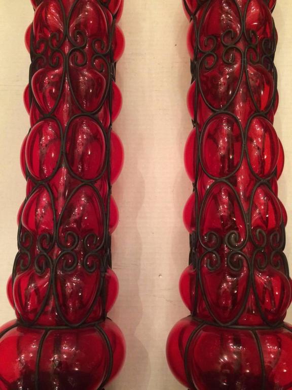Pair of Tall Red Blown Glass Table Lamps For Sale at 1stDibs