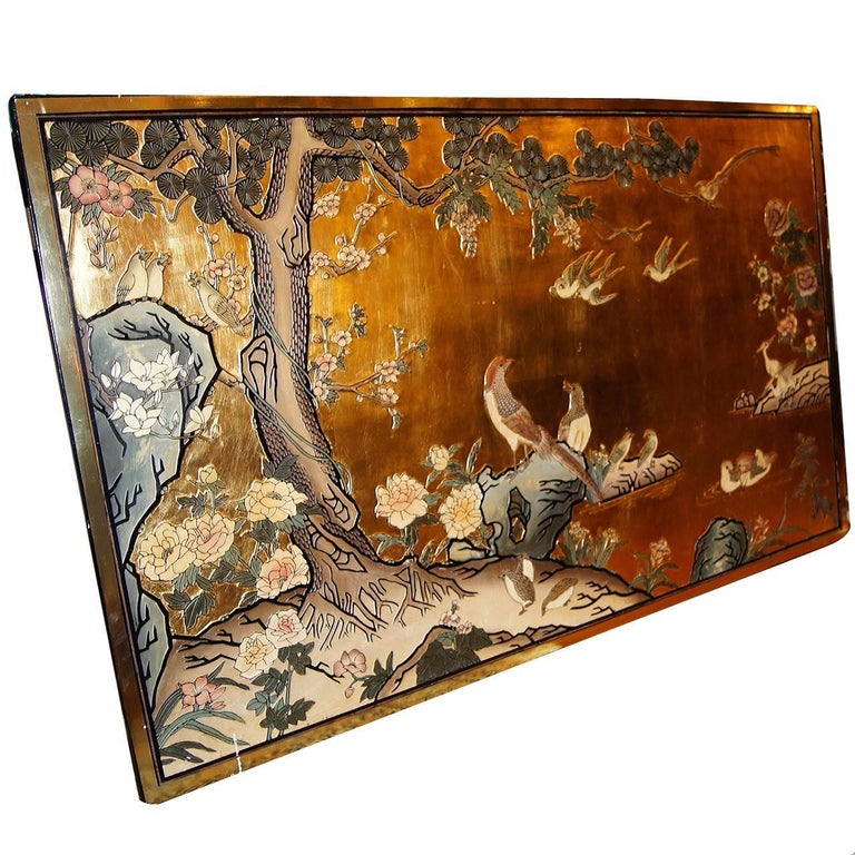 Large Lacquered Decorative Panel with Nature Motif at 1stDibs