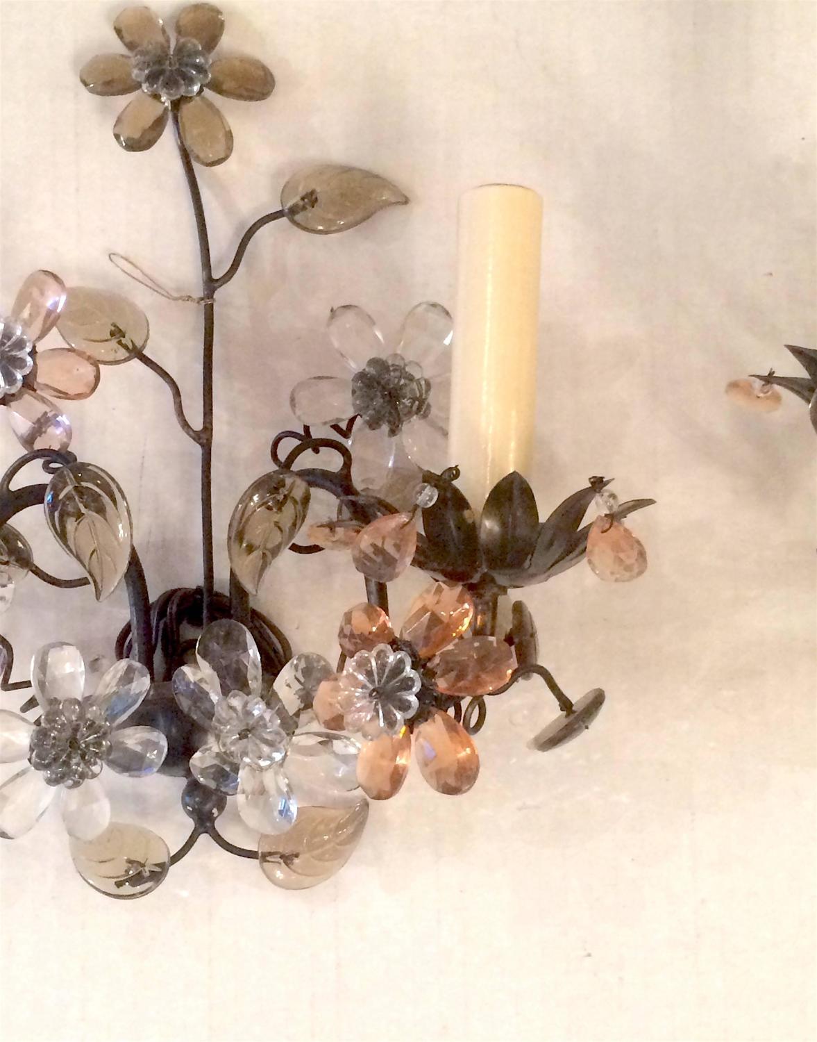 Pair of Crystal Flower Sconces For Sale at 1stdibs