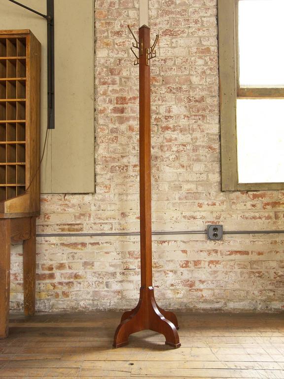 Vintage Industrial Mission Mahogany Coat Rack / Stand with Brass Hooks ...