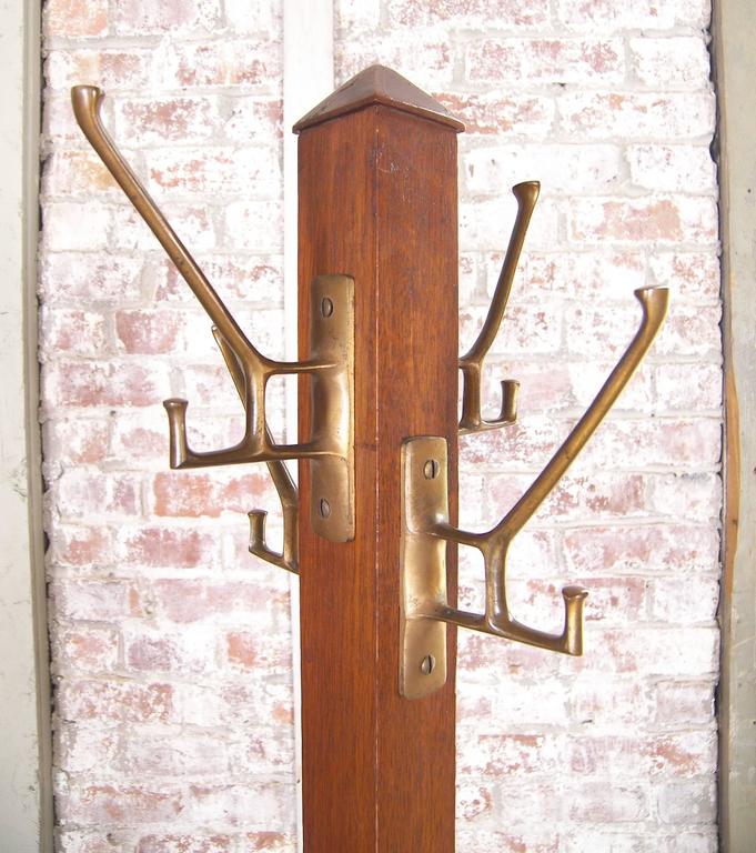 Vintage Industrial Mission Mahogany Coat Rack / Stand with Brass Hooks ...