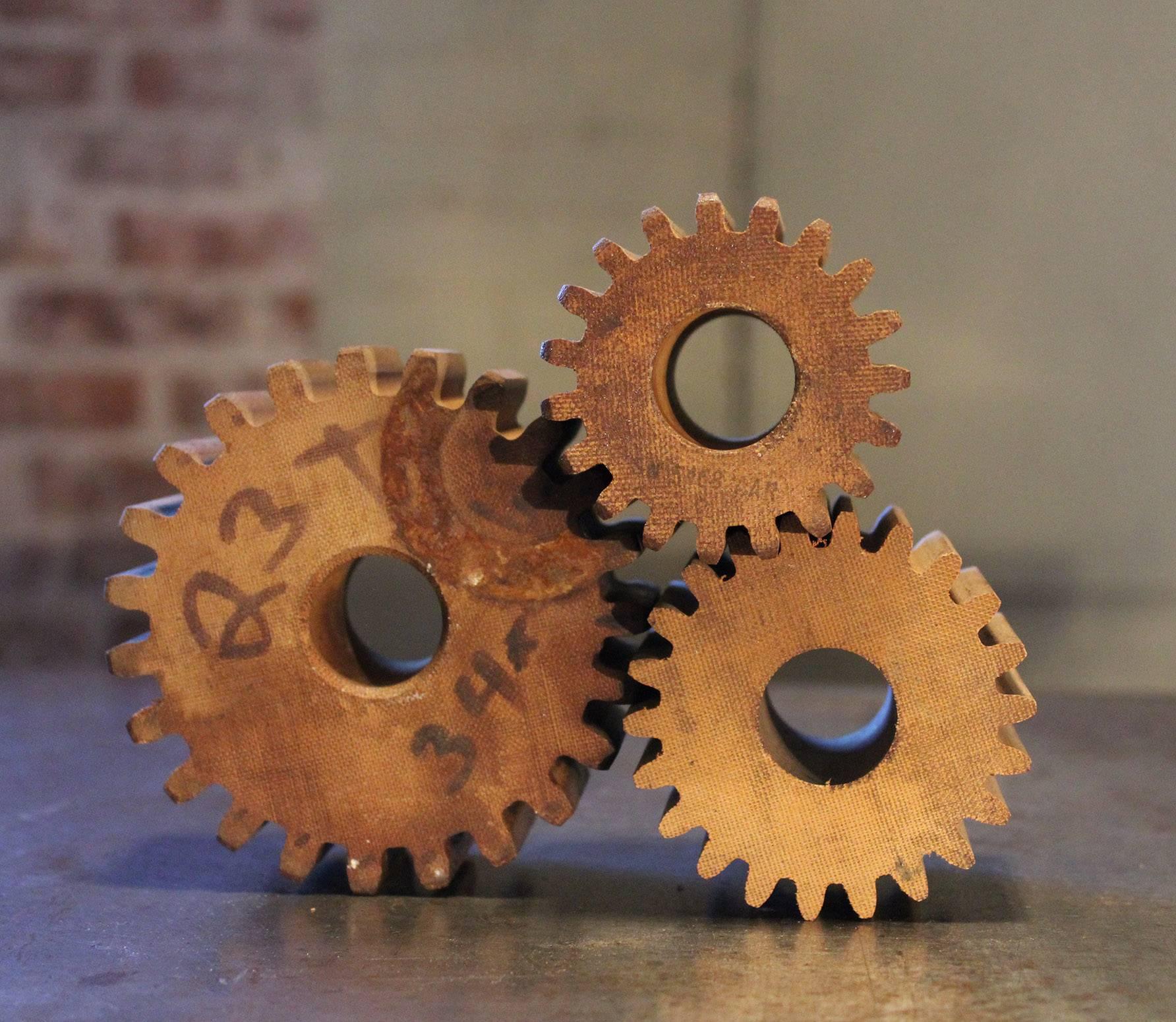 Vintage Industrial Machine Age Wooden Gear Molds Candle Stands Holders ...
