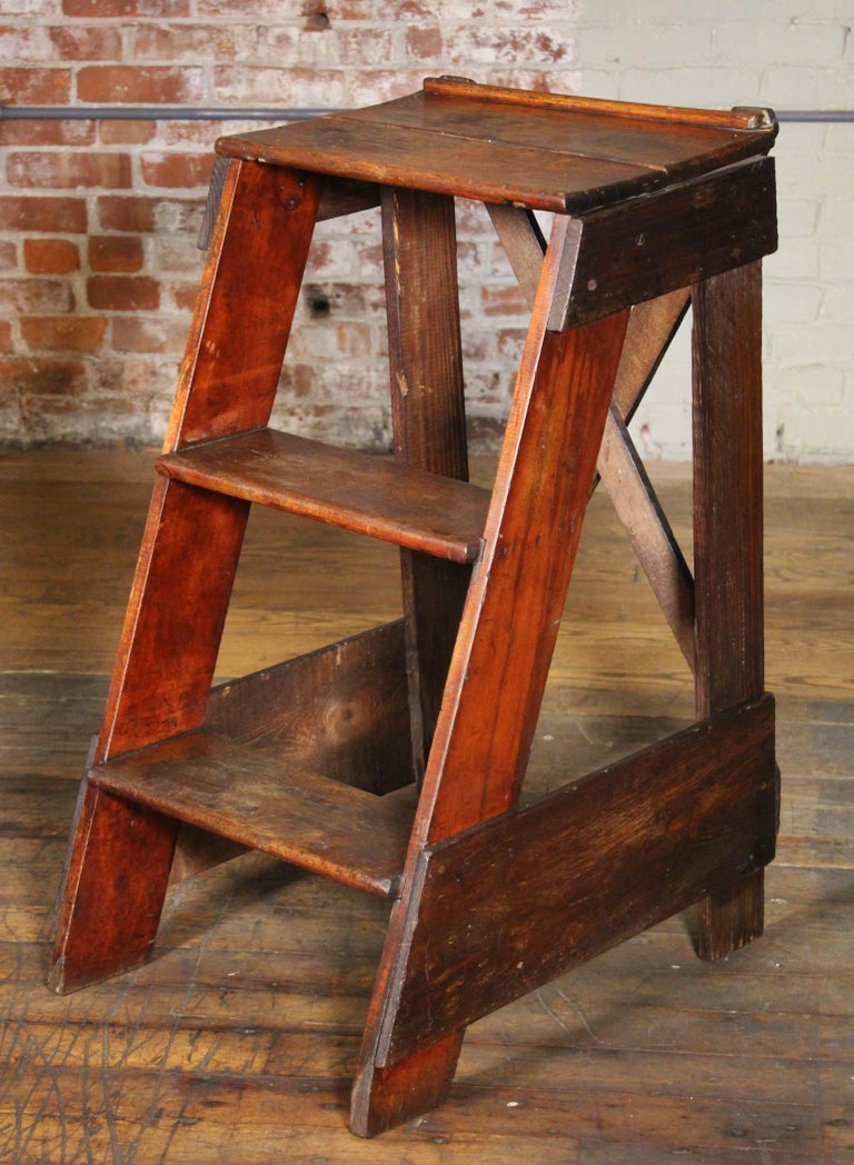 Wooden Step Ladder Vintage Antique Moveable Wood Factory Shop Ladder ...