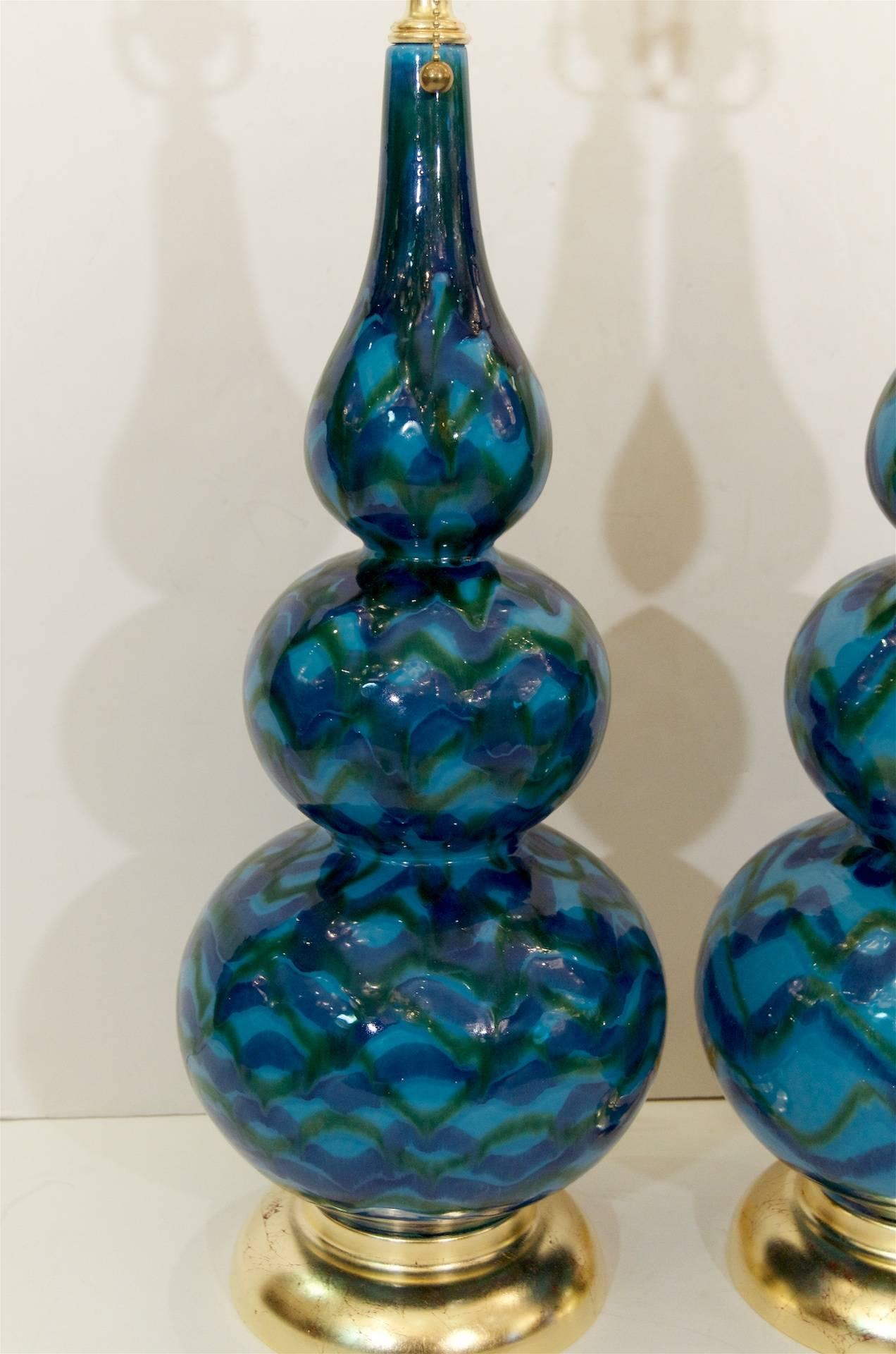 Pair of Blue Glazed Table Lamps with Gold Leaf Hardware at 1stDibs