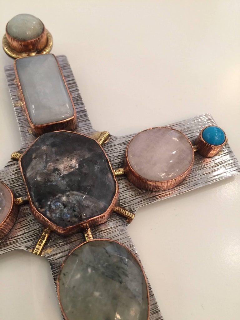 Large Cross Made of Three Metals and Stones For Sale at 1stDibs