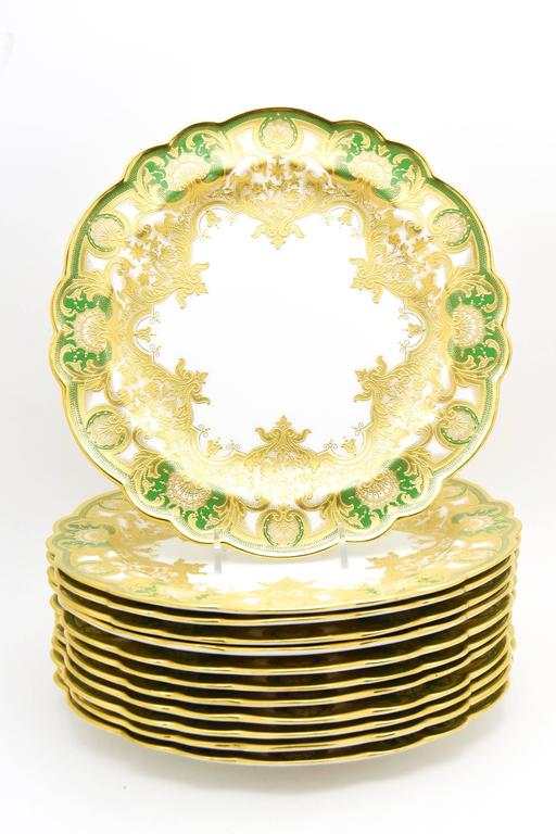 Set of 12 Royal Worcester Green Dinner Plates, Raised Paste Gold and ...