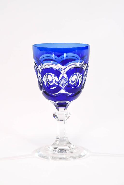 Twelve Val Saint Lambert Hand Blown Crystal Goblets, Cobalt Blue Cut to ...