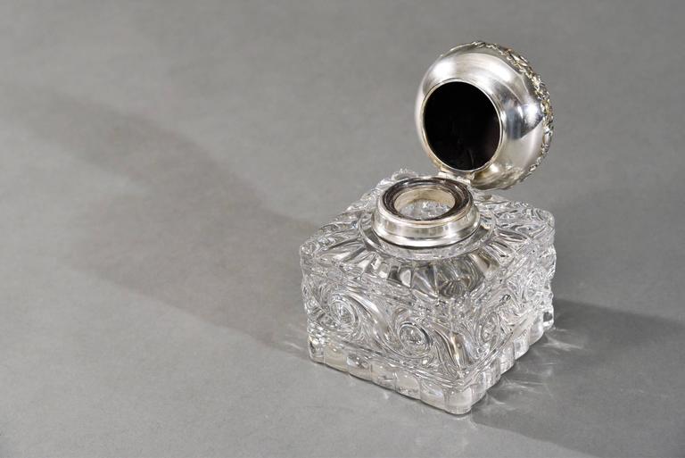 19th Century Baccarat Crystal Inkwell with Elaborate Sterling Silver ...