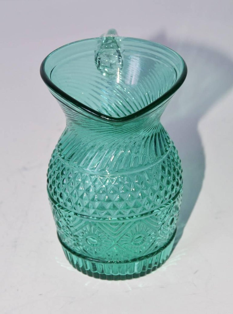 Small Vintage Handblown and Pressed Blue Green Glass Pitcher at 1stDibs