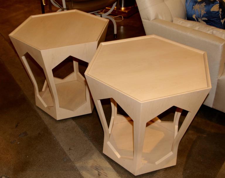 Pair of Hexagon 6 Sided Geometric Donghia Tables in Light Wood at 1stDibs