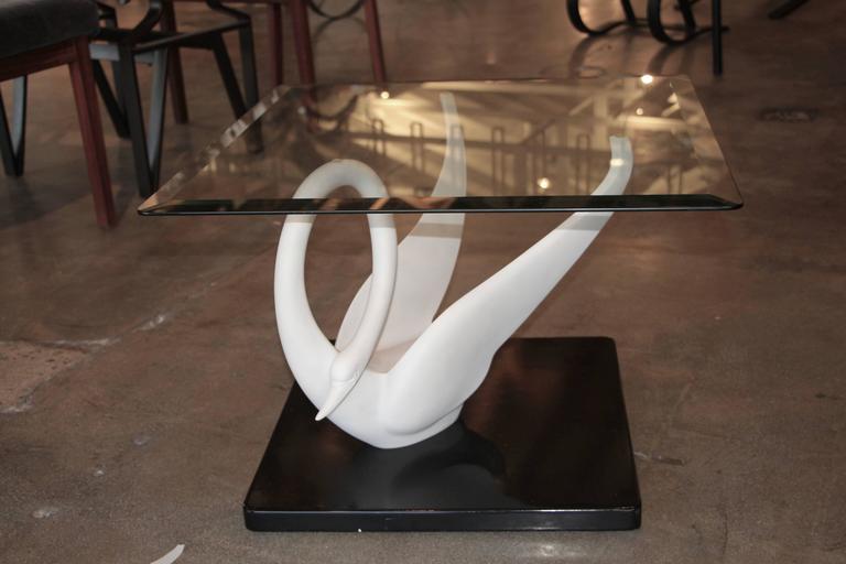 Pair of Pretty Resin Swan Tables Signed San Sen with Bevel Glass Tops ...