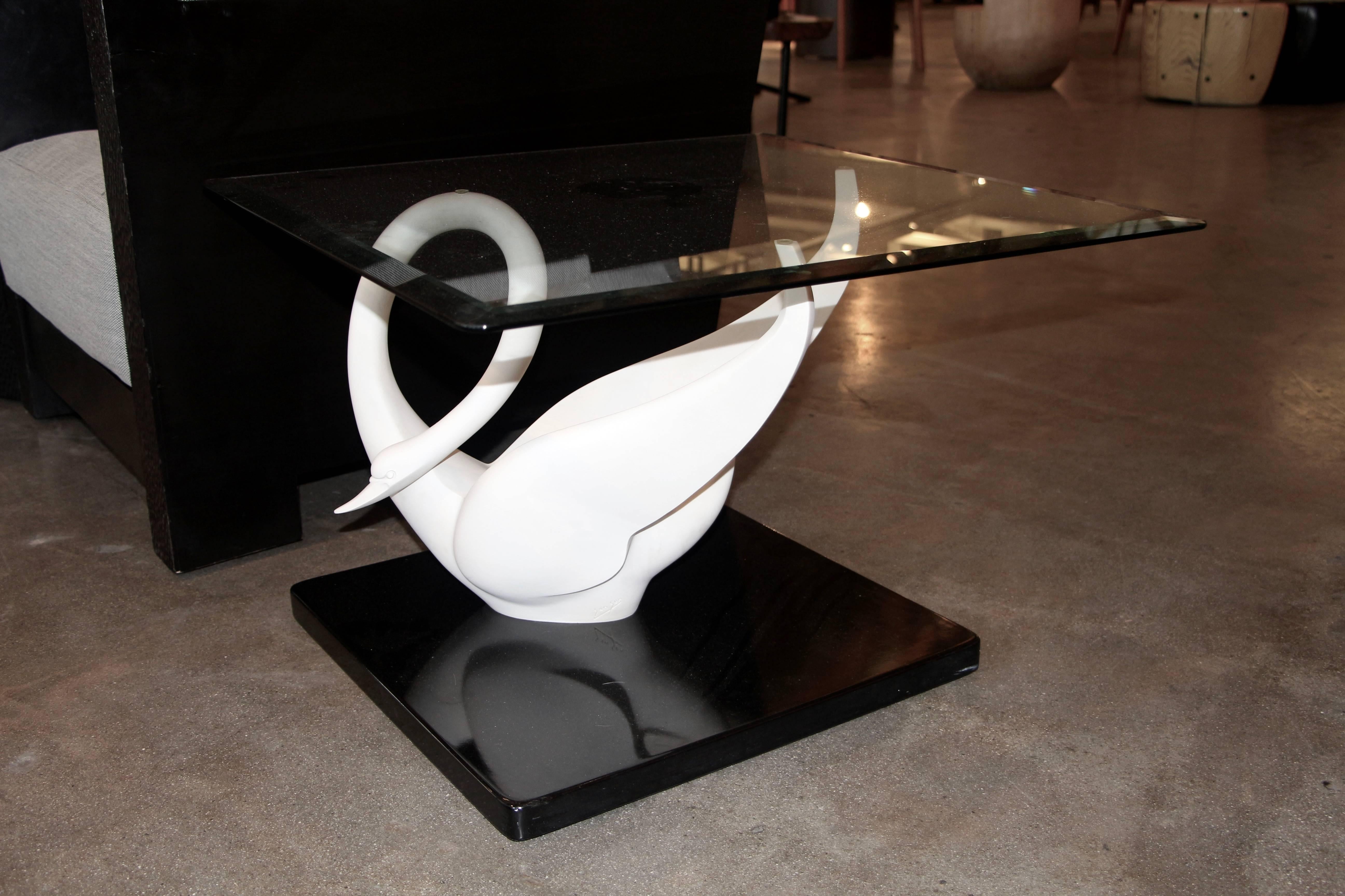 Pair of Pretty Resin Swan Tables Signed San Sen with Bevel Glass Tops ...